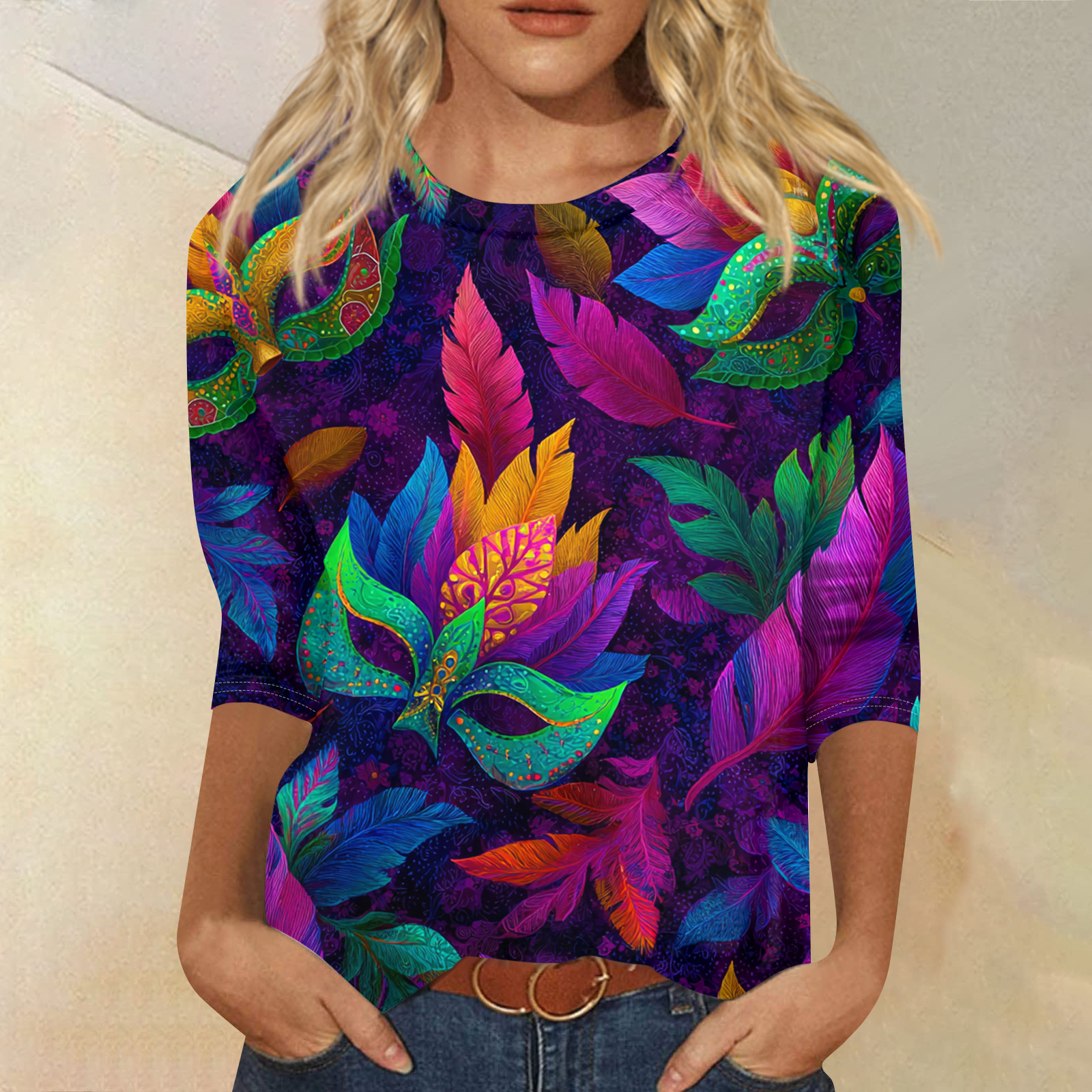 Iaqnaocc Mardi Gras Women's Tops 3/4 Sleeve Fancy Mask Printed ...