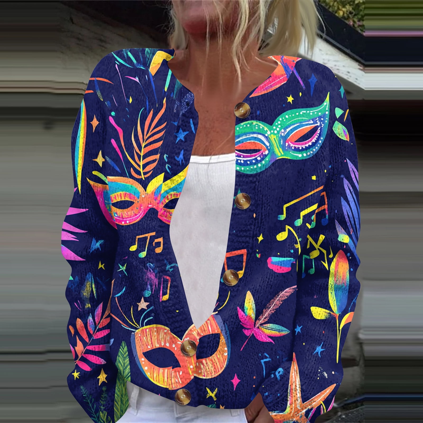 Iaqnaocc Mardi Gras Womens Cardigan Party Carnival Theme Print Knitted ...