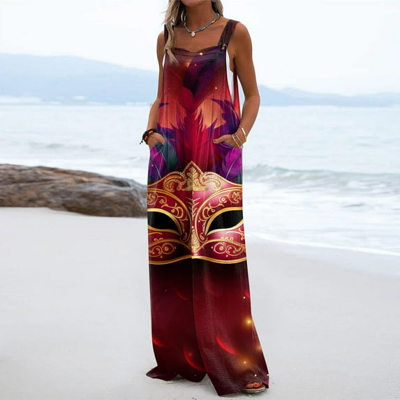 Iaqnaocc Mardi Gras Womens Jumpsuit Funny Mask Printed Sleeveless Wide Leg Jumpers Loose Fit ...