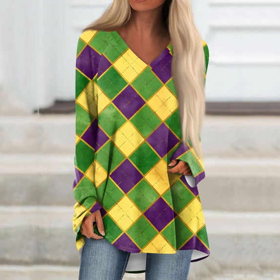 Iaqnaocc Mardi Gras Womens Long Sleeve Tops Holiday Fat Tuesday Prints ...