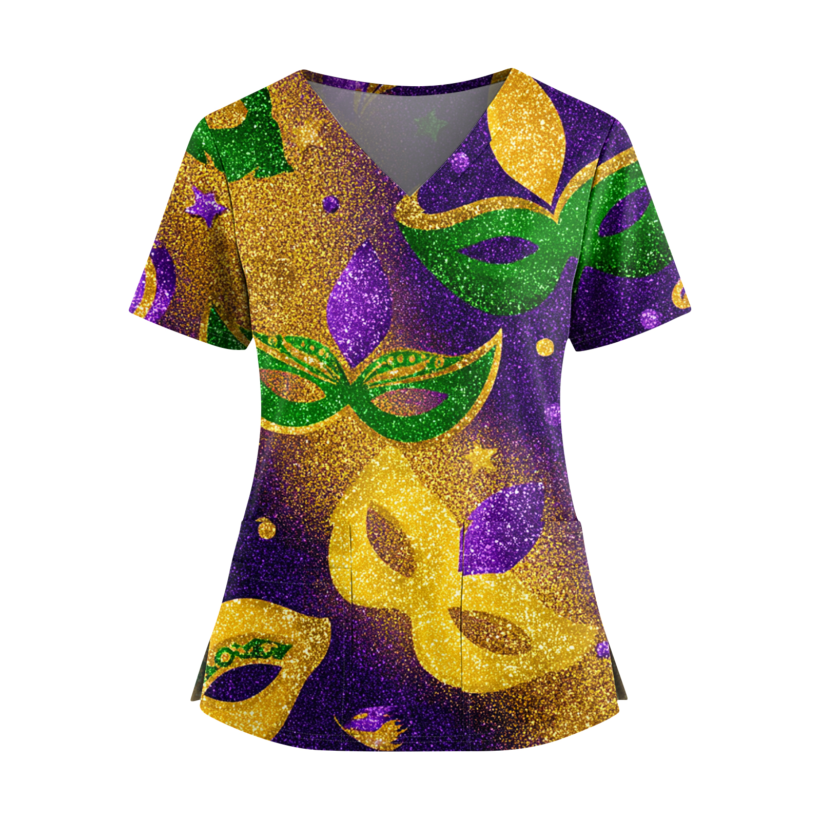 Iaqnaocc Mardi Gras Womens Scrubs Fancy V Neck Mask Printed Nursing ...