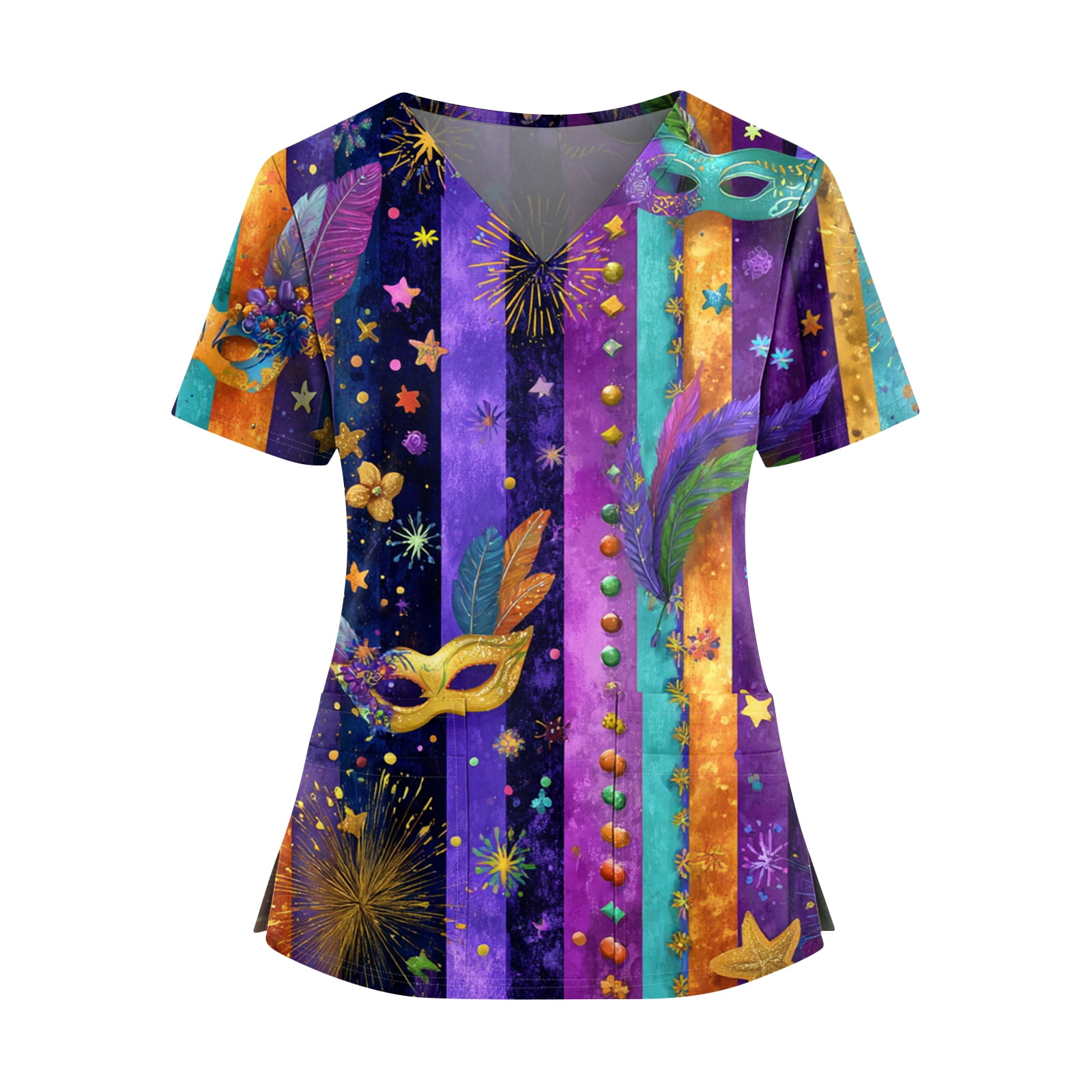 Iaqnaocc Mardi Gras Womens Scrubs Fancy V-Neck Mask Printed Working ...