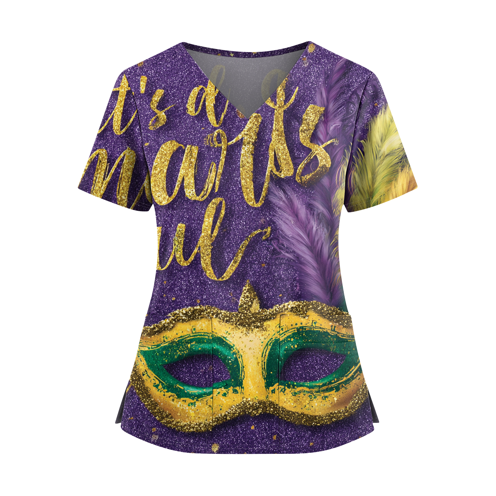 Iaqnaocc Mardi Gras Womens Scrubs Fancy V-Neck Mask Printed Working ...