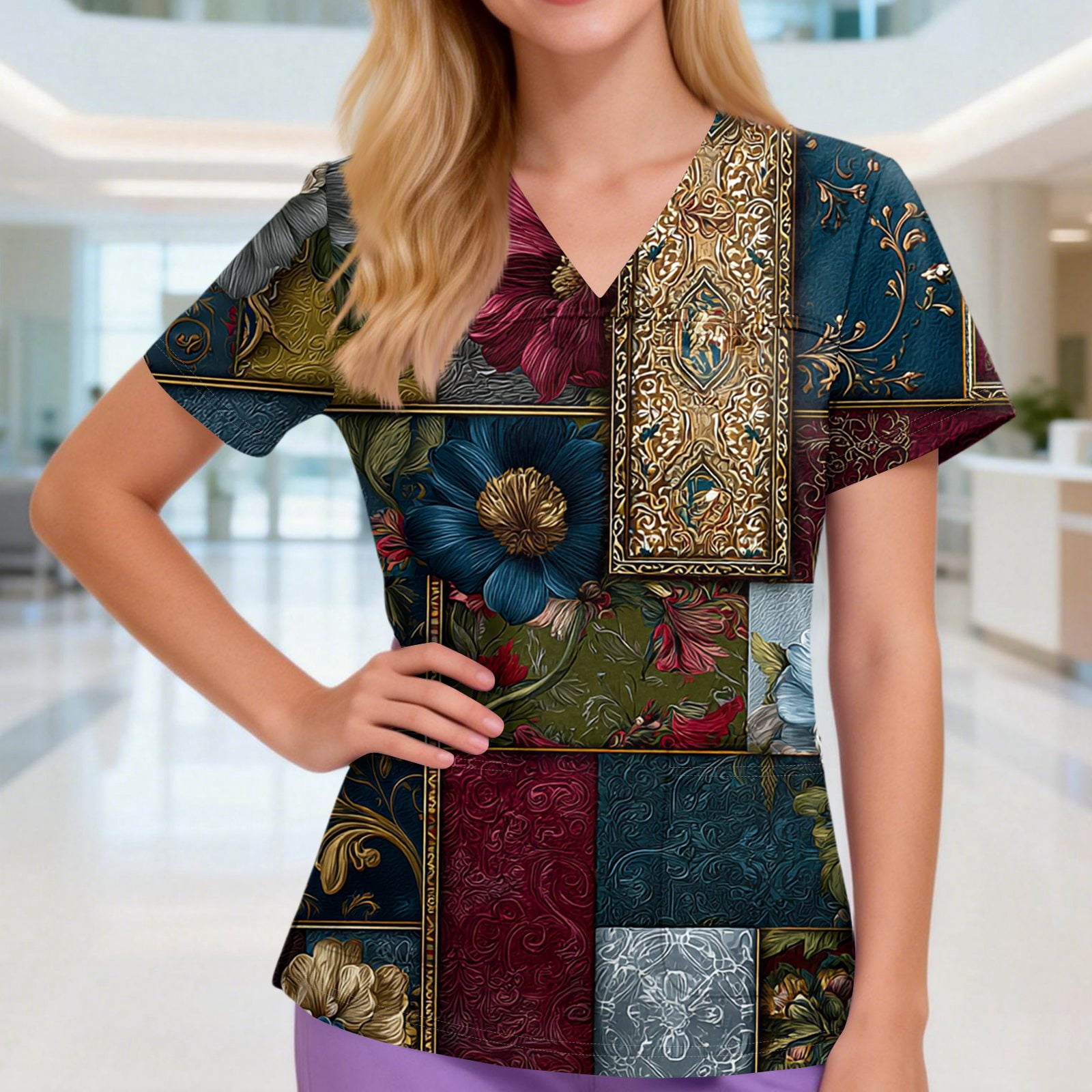 Iaqnaocc Scrubs for Women Plus Size Retro Floral Print Nursing Uniform ...
