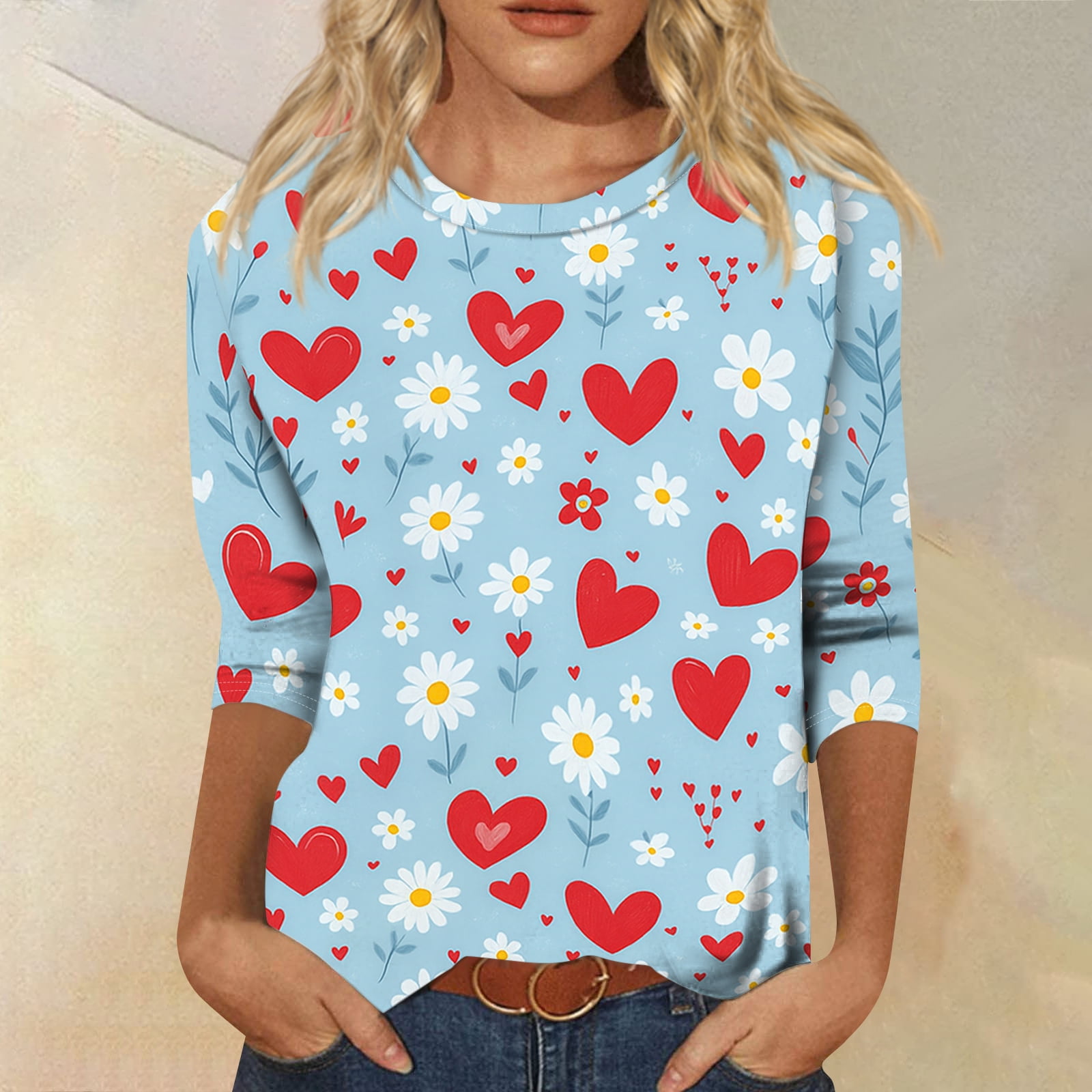 Iaqnaocc Valentines Womens Tops 3/4 Length Sleeve Holiday Cute Love ...