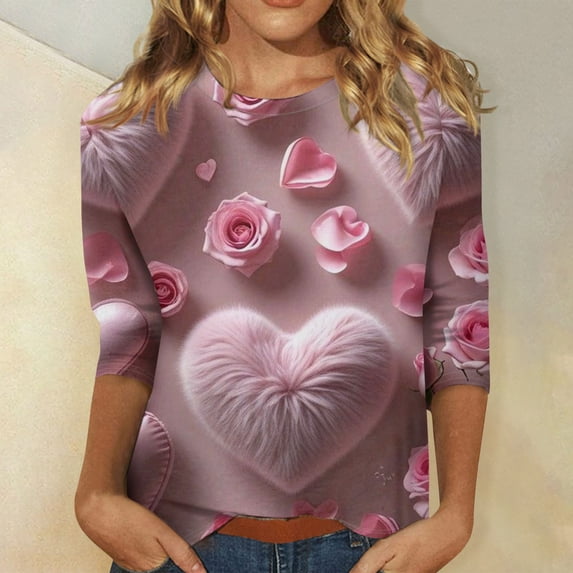 Iaqnaocc Valentines Womens Tops 3/4 Length Sleeve Holiday Funny Love ...