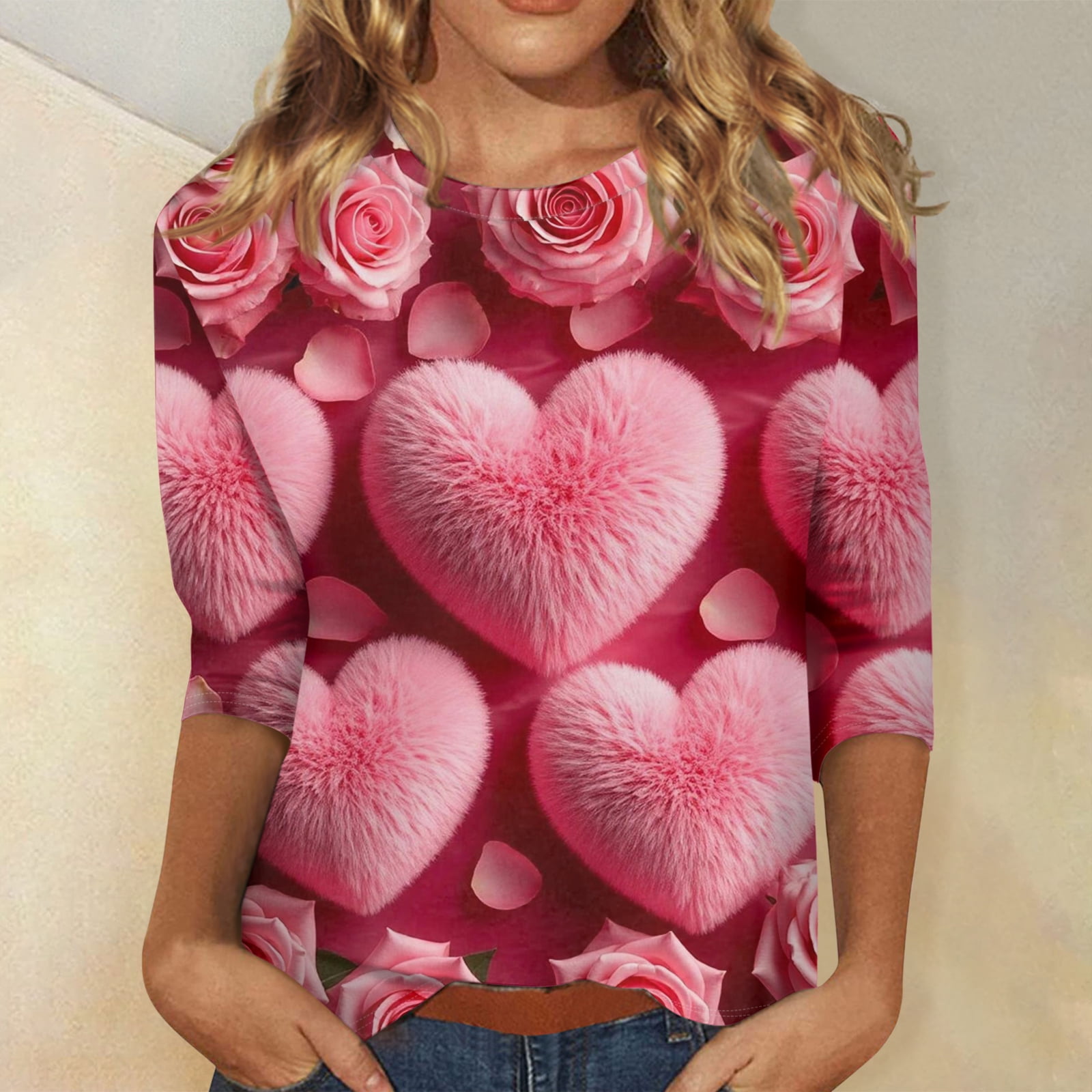 Iaqnaocc Valentines Womens Tops 3/4 Sleeve Holiday Cute Love Heart ...