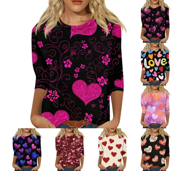 Iaqnaocc Valentines Womens Tops 3/4 Sleeve Plus Size Cute Love Heart ...