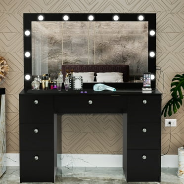 Ember Interiors Polly Modern White Painted Vanity Table, Lights, USB ...