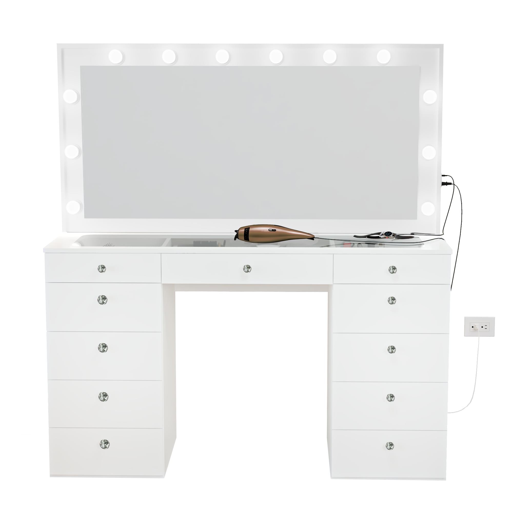 Ember Interiors Ibbie Modern Vanity Table - Lighted Mirror, 11 Drawers ...