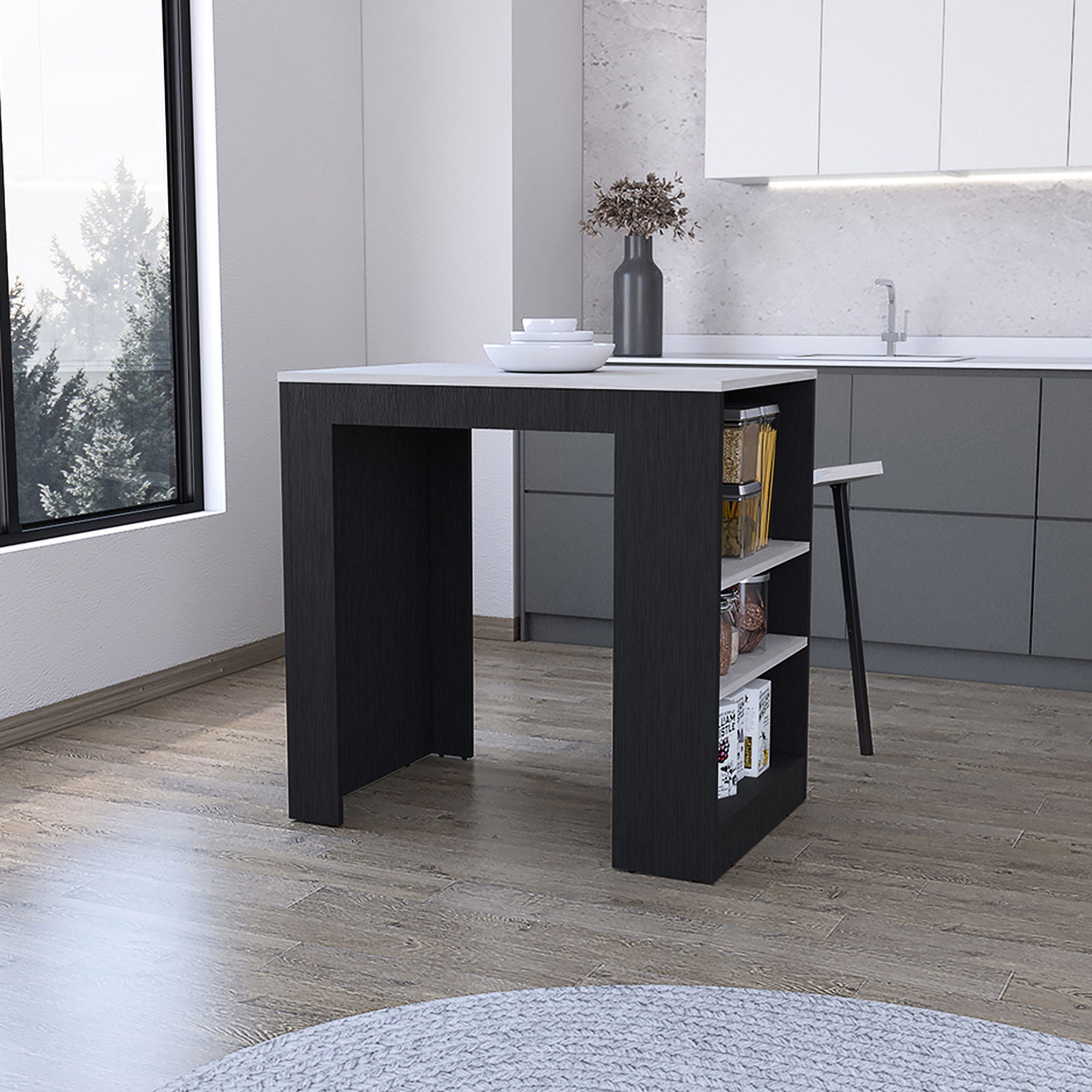 Ibiza Marble Finish Black Kitchen Island Three Side Shelves Ideal for ...