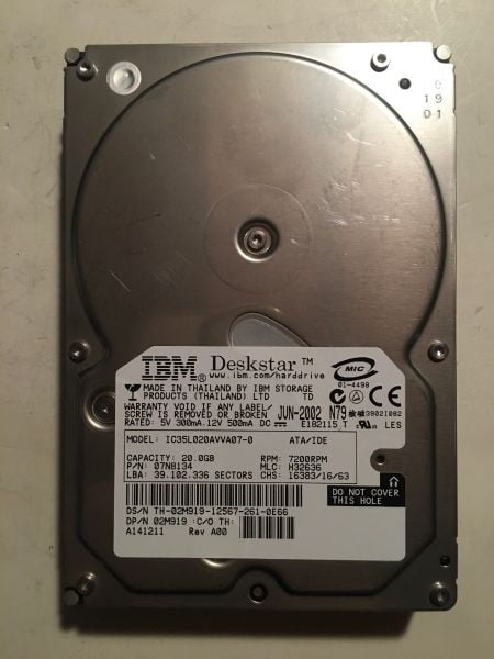 Ibm deskstar ide hdd 3.5 inch 20gb 07n8134, dp/n 02m919, mlc h32636, jun-2002, thailand ...