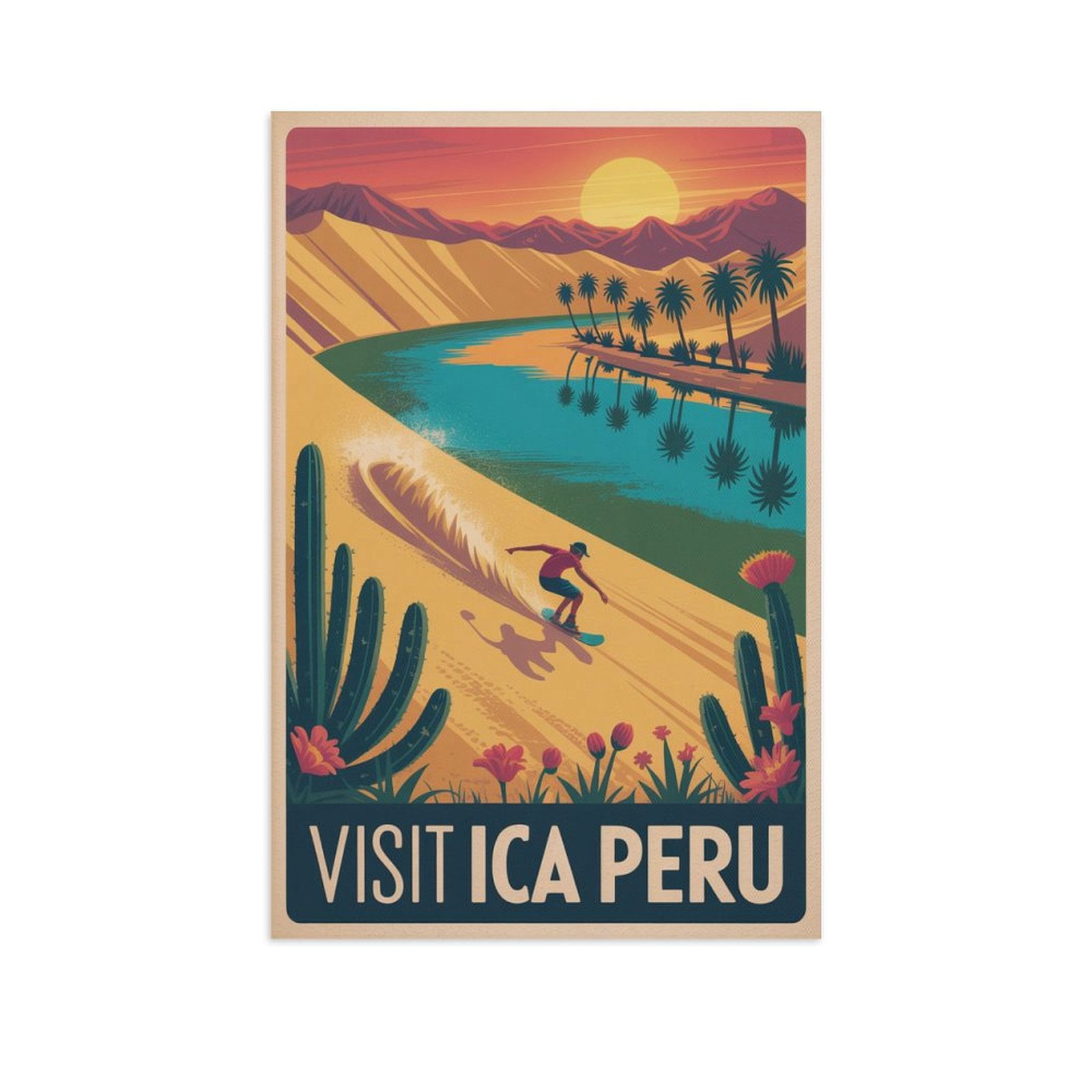 Ica Peru Vintage Travel Poster with Golden Sand, Water Reflections And ...