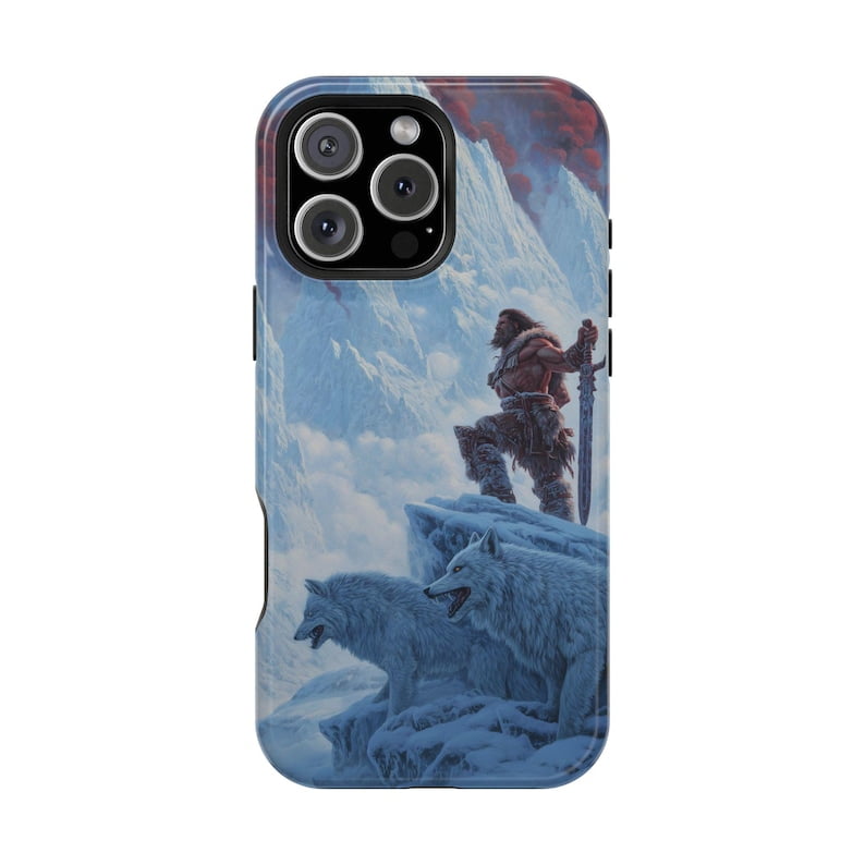Ice Barbarian Facing Dire Wolves on Frozen Mountain Peak Artwork Phone ...