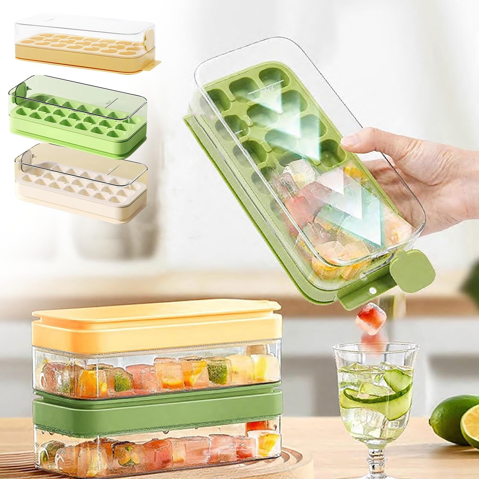 Ice Block Tray with Lid and Bin, 21 Grid Quick-Fill Ice Block Mold for ...