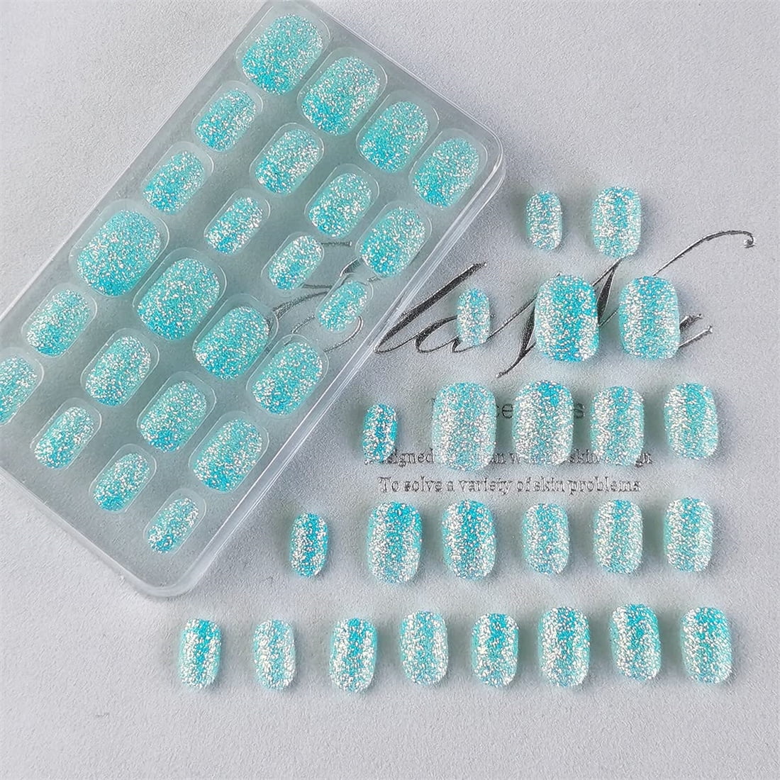 Ice-Blue with Adhesive Backing for Children Fake Nails,24 PCS False ...
