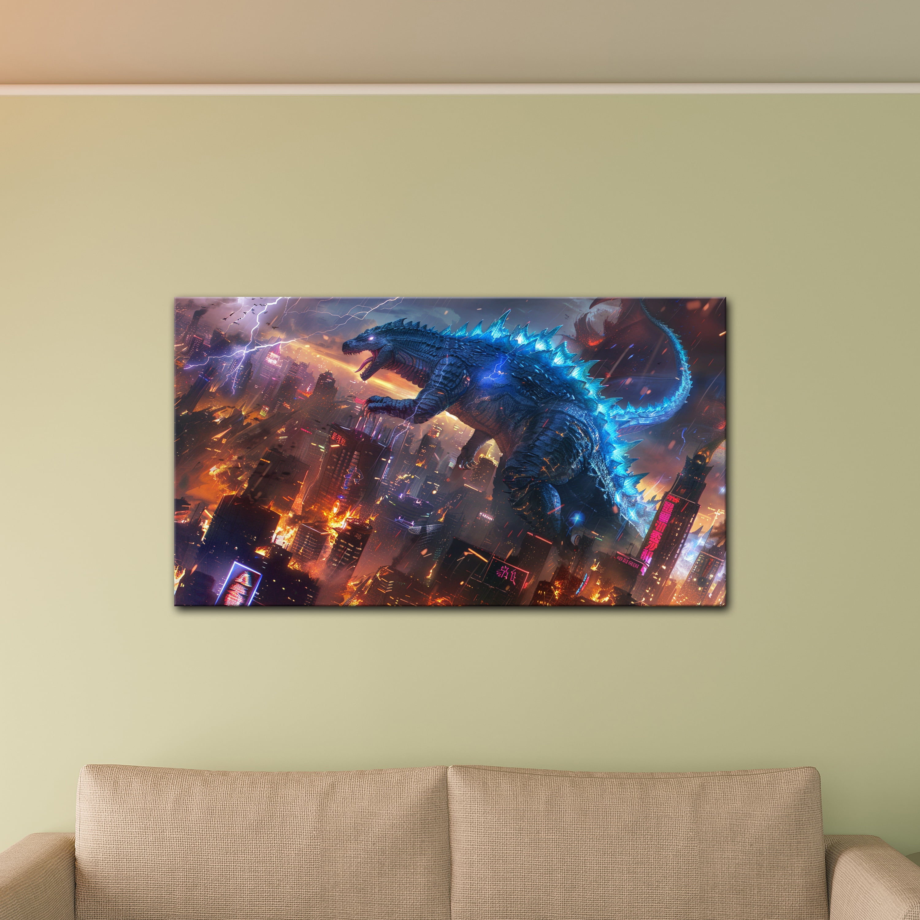 Ice Blue Apocalypse- Godzilla Flies Over the City (36 "x48 ...