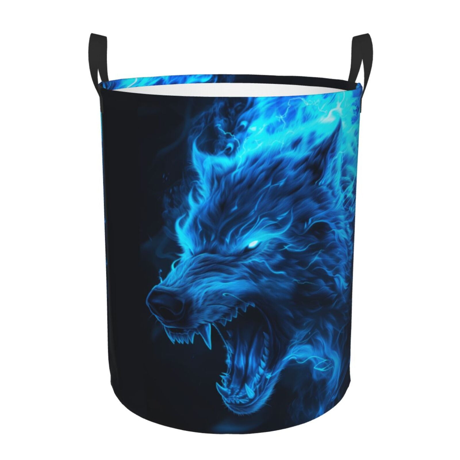 Ice Blue Fire Wolf Round Laundry Basket, Laundry Hamper with Handle ...