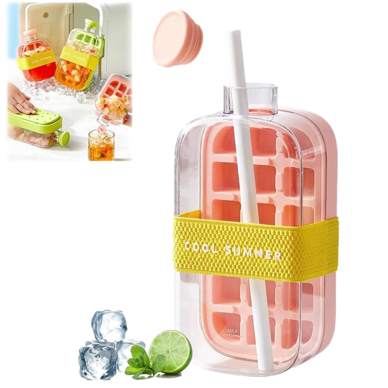 Ice Bottle Cup, 2 in 1 Zero Touch Press Ice Cube Mold Water Bottle with ...