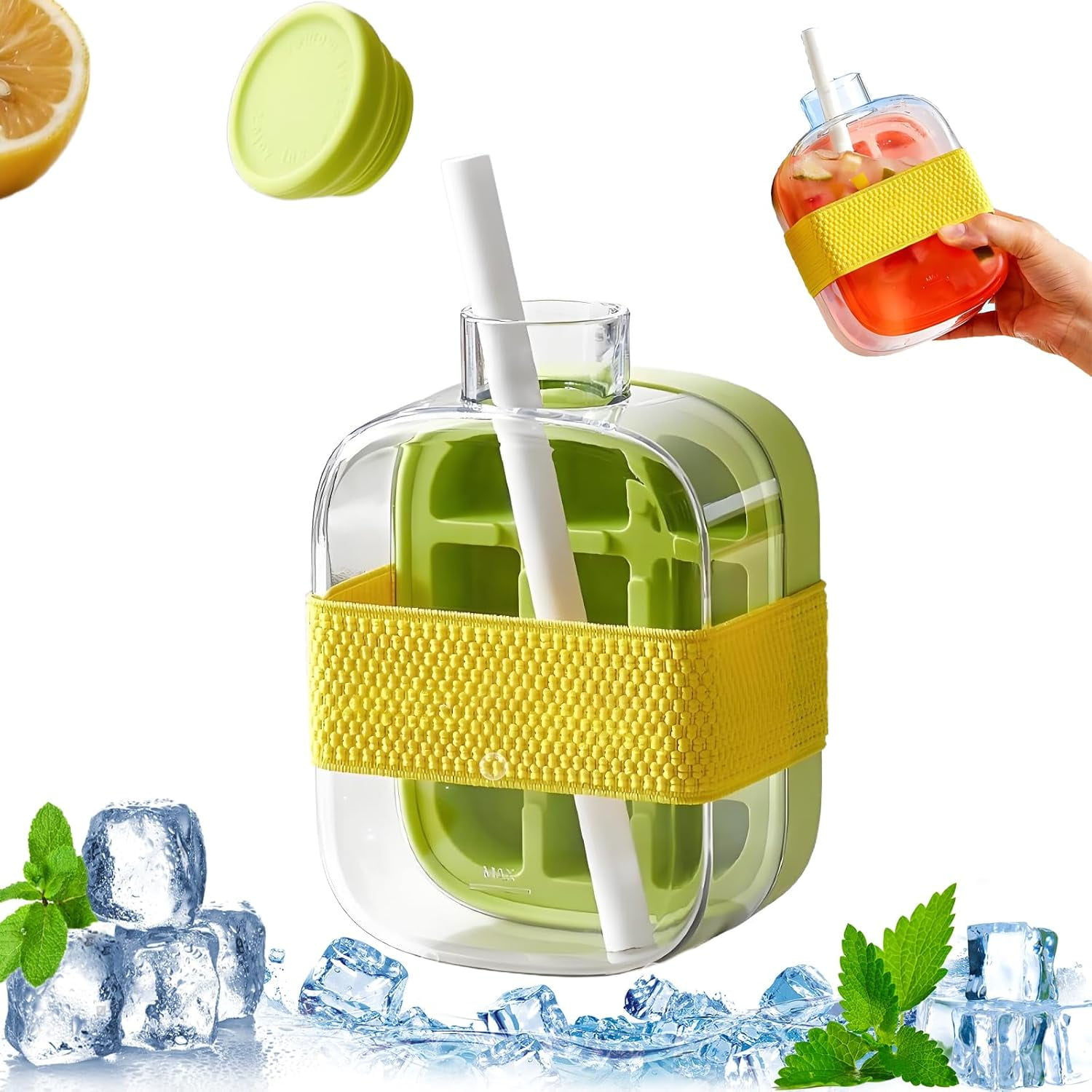 Ice Bottle Cup, 2 in 1 Touch-Free Ice Cube Tray Water Bottle With Straw ...