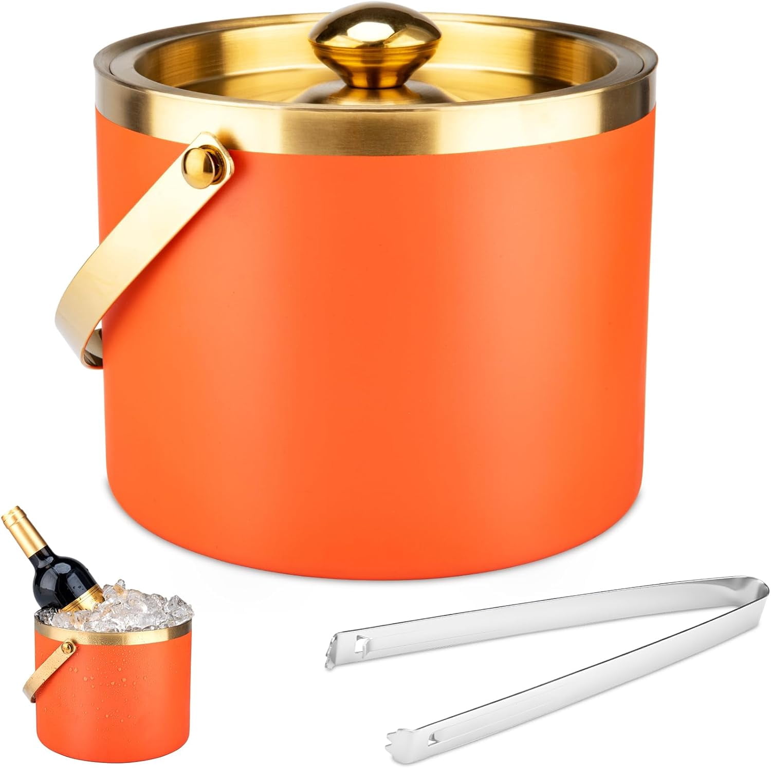 Ice Bucket, 3L Double-Wall Stainless Steel Insulated Ice Bucket With ...