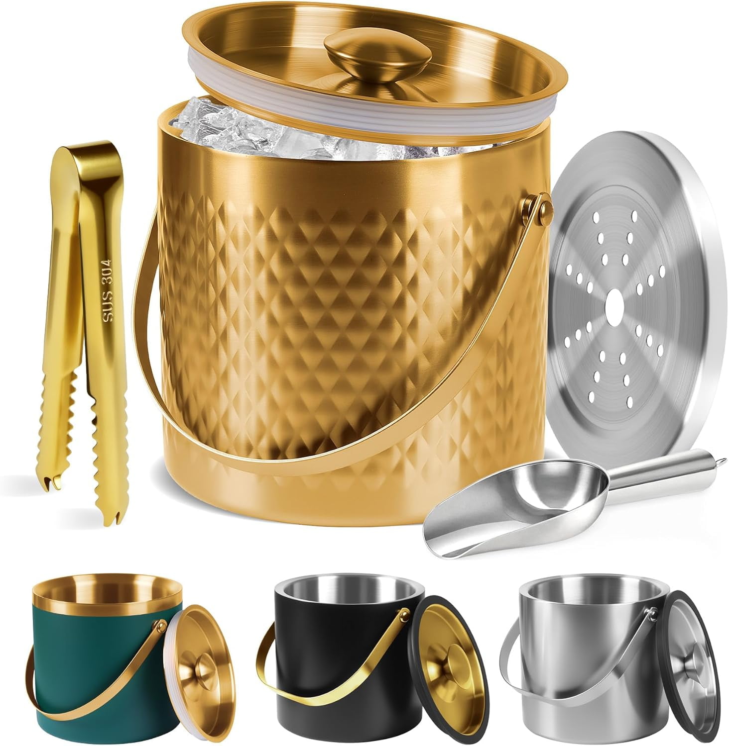 Ice Bucket, Gold Ice Bucket 3L with Silicone Sealing Ring Double-Wall ...