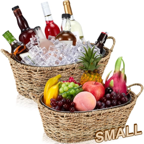 Ice Bucket with Wicker Outer Basket Handle Beverage Tub Grass Rope ...