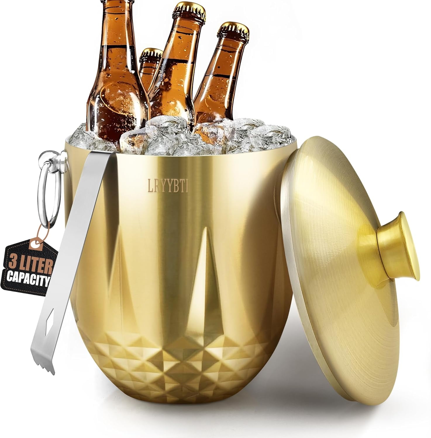 Ice Buckets for Parties with Lid,Tongs and Strainer (3L/Gold) Double ...