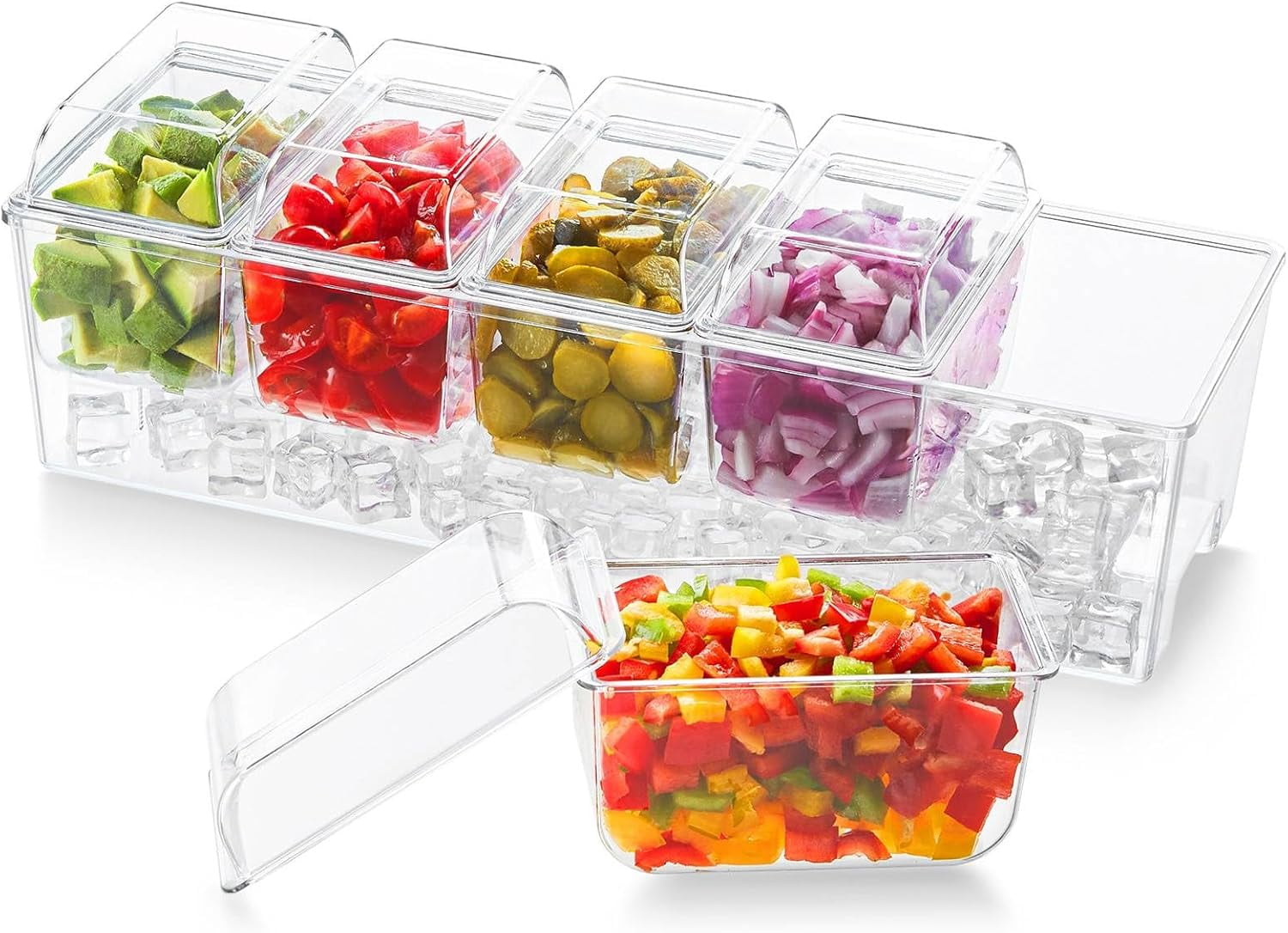 Ice Chilled Condiment Caddy with 5 Containers(2.5 cup), Condiment Server with Separate Lids ...