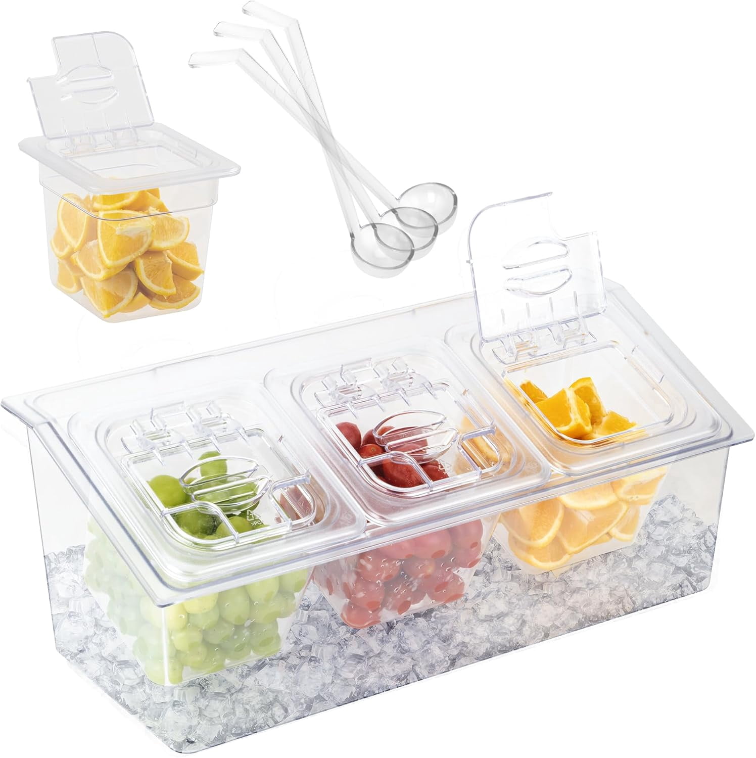Ice Chilled Condiment Caddy with 3 Large Containers, Polycarbonate 6" 1 ...