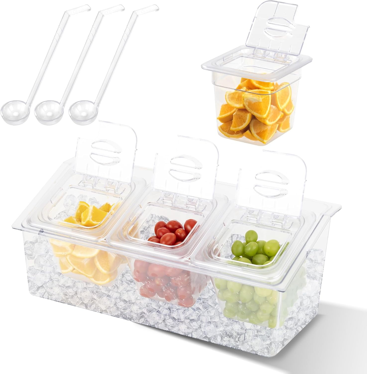 Ice Chilled Condiment Server, Condiment with 3 Containers, 4" 1/6 Food ...