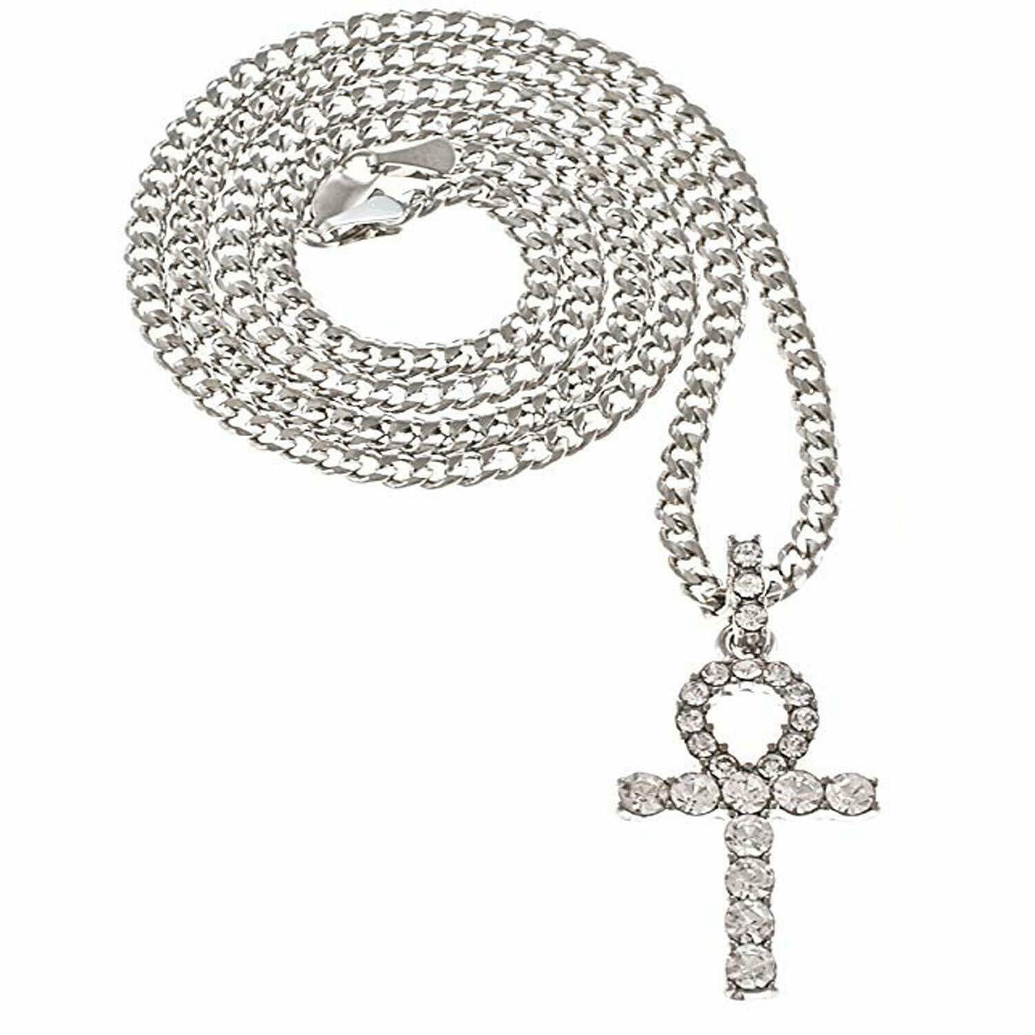 Ice City Simulated Diamond Gold Plated Ankh Cross Pendant w/Cuban Chain ...