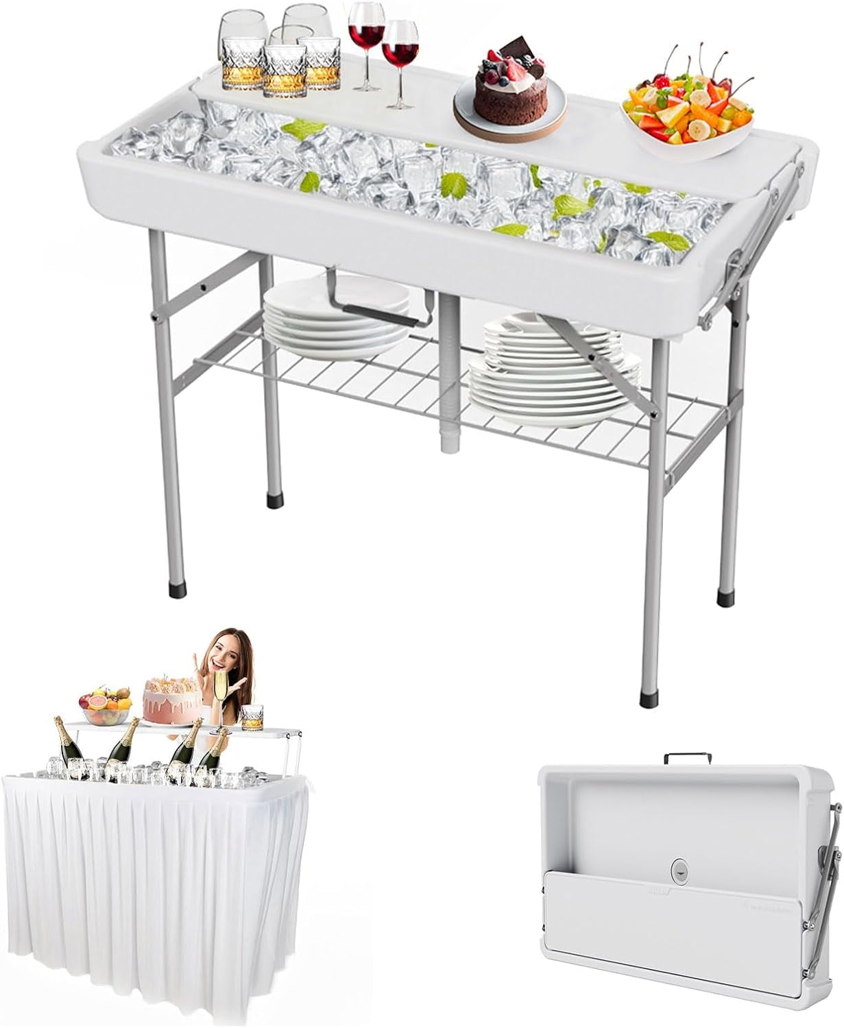 Ice Cooler Folding Tables with Drain, 4 Ft Two-Tier Ice Bin Table ...