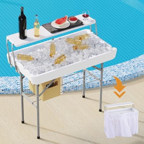 Ice Cooler Table, Portable Folding Cooler Table with Skirt & Drain ...