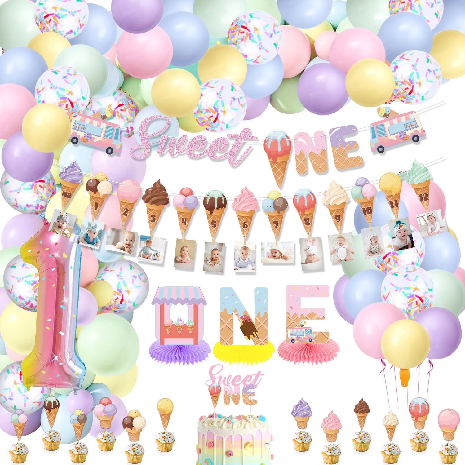 Ice Cream 1st Birthday Decorations, include Sweet One Banner, Monthly ...