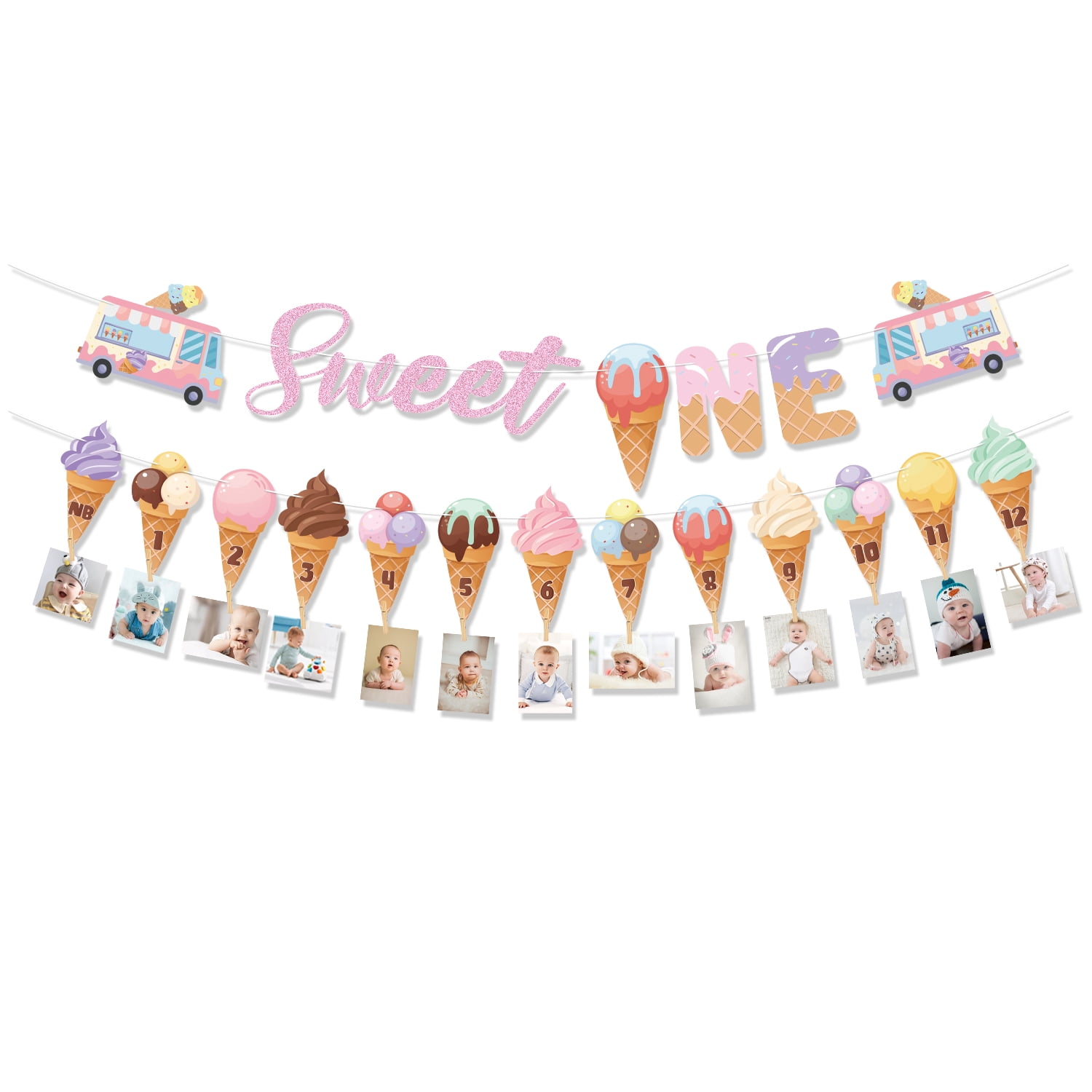 Ice Cream 1st Birthday Decorations, include Sweet One Banner, Ice Cream ...