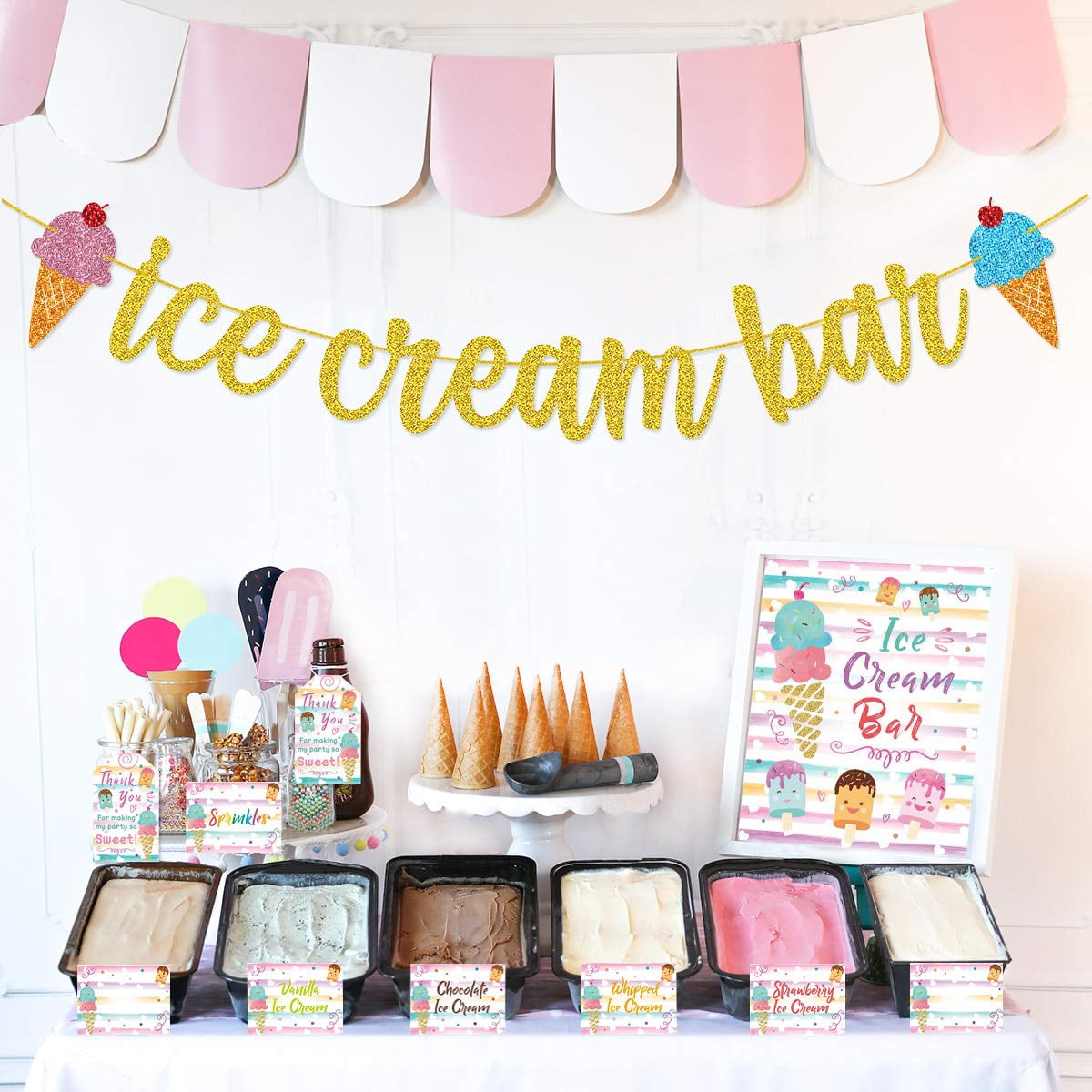 Ice Cream Bar CORNET Decorations Kit Gold Glitter Banner Ice Cream ...