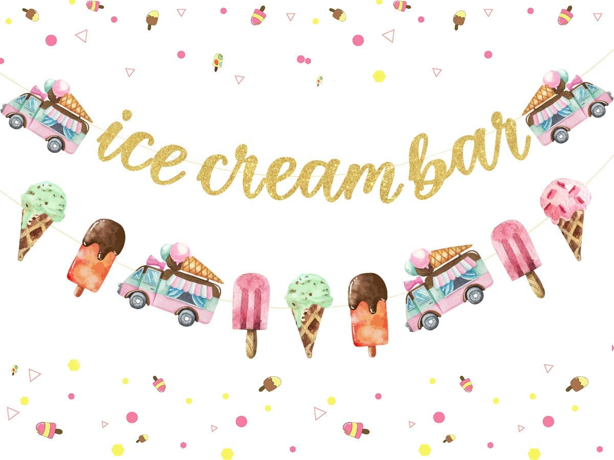 Ice Cream Bar Decorations Kit Gold Glittery Ice Cream Banner Ice Cream ...