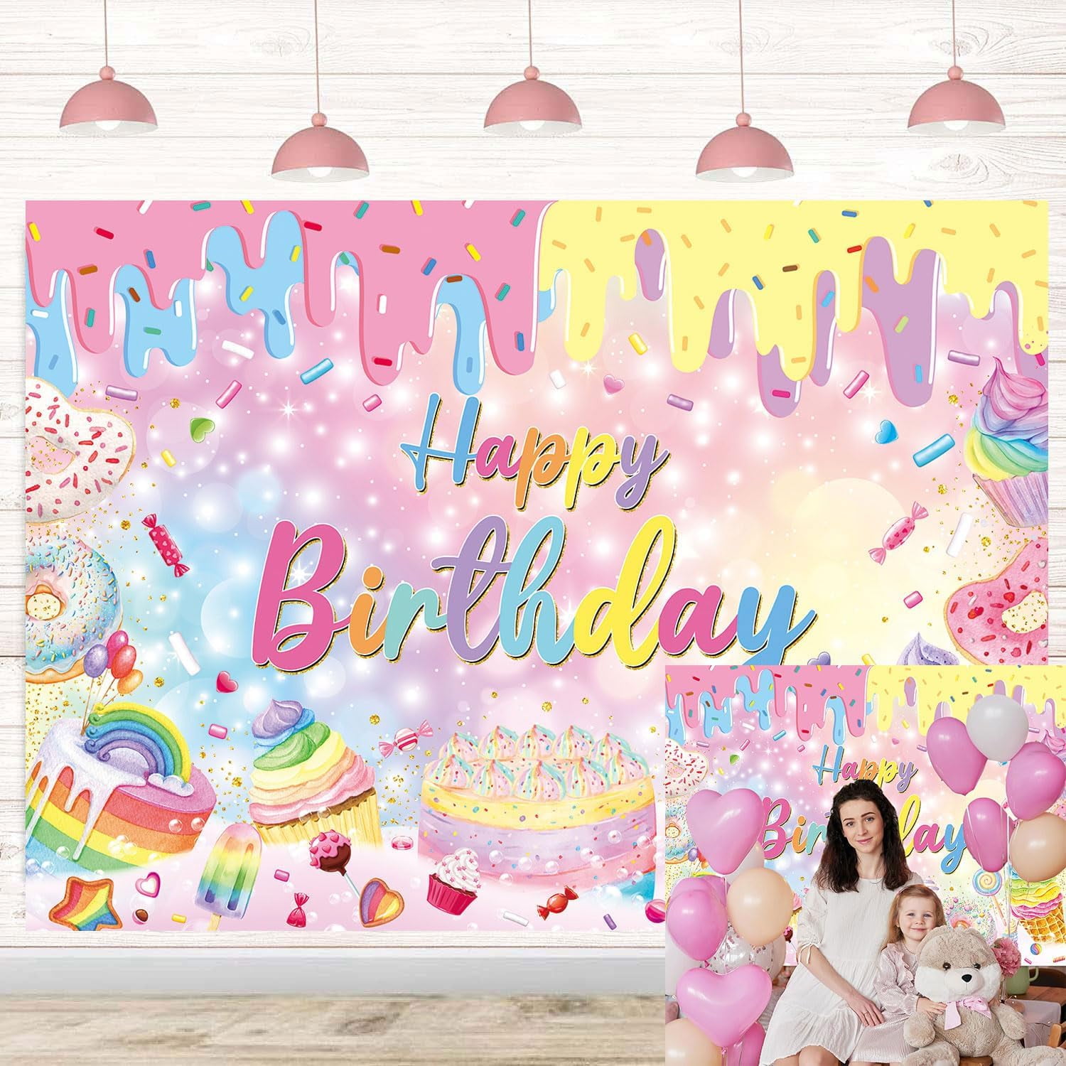 Ice Cream Birthday Backdrop Candy Ice Cream Donuts Party Background for ...