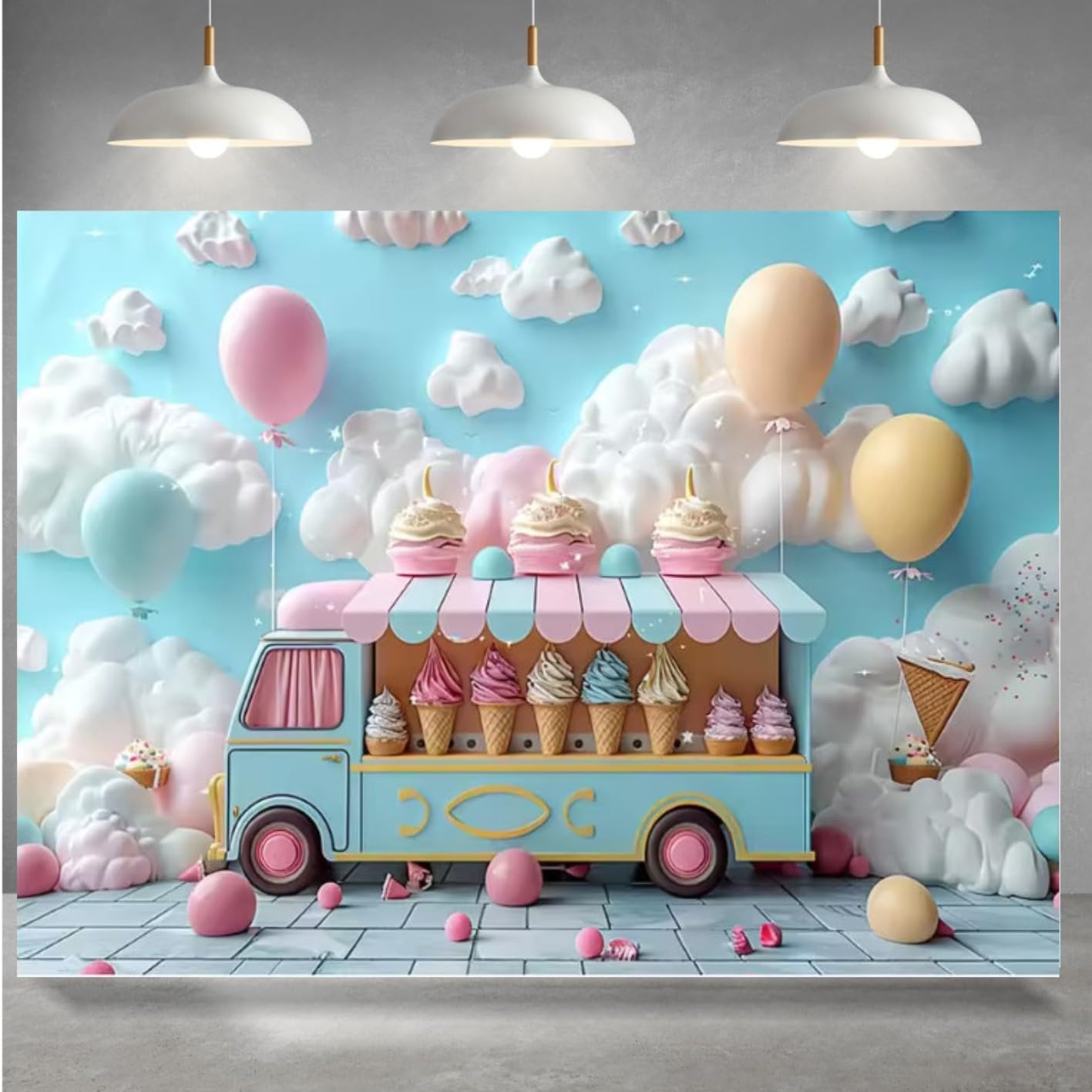 Ice Cream Birthday Backdrop White Cloud Blue Sky Balloon Photography ...