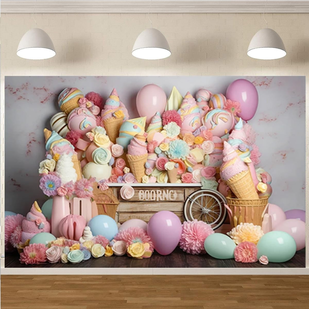 Ice Cream Cake Cart Pink Balloons Backdrop Pink Sweet Princess Girl ...