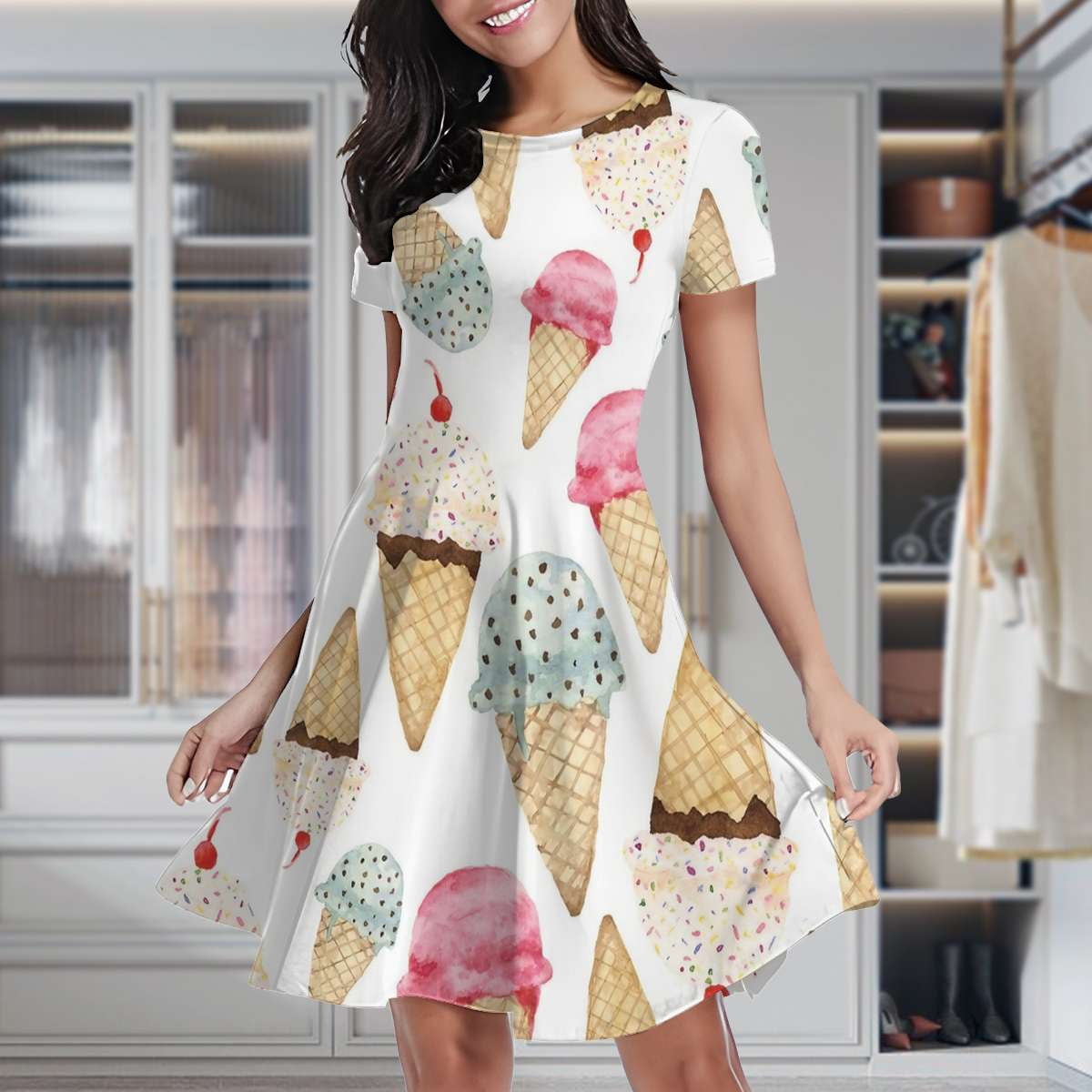 Ice Cream Cone Pattern Women's Classic Swing Skater Dress Casual Work ...