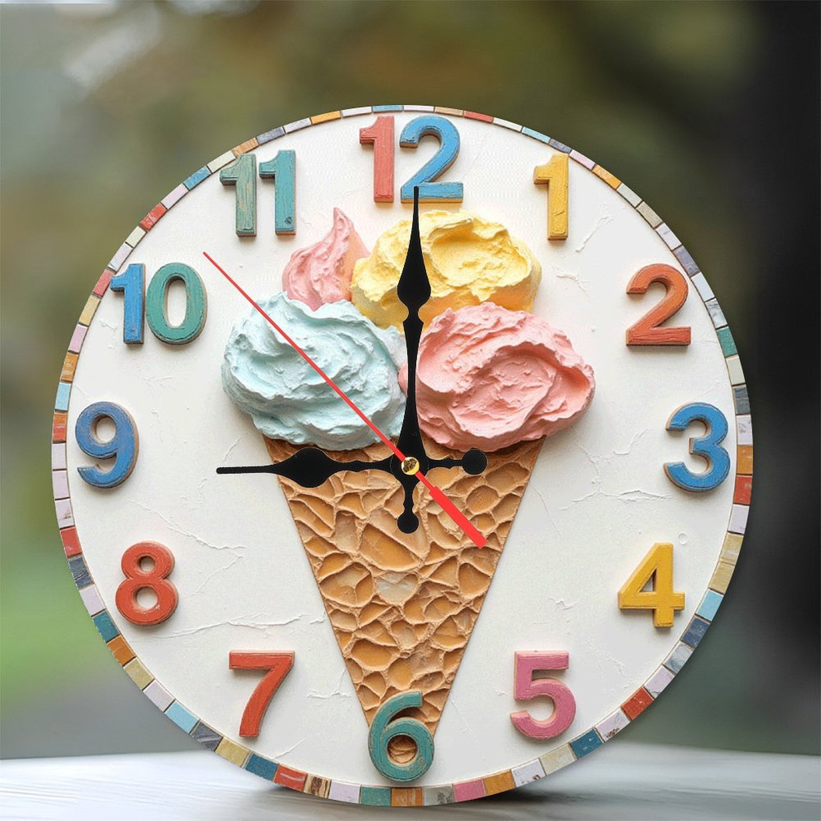 Ice Cream Cone Wall Clock Colorful Design 10-Inch Silent Wooden Wall ...
