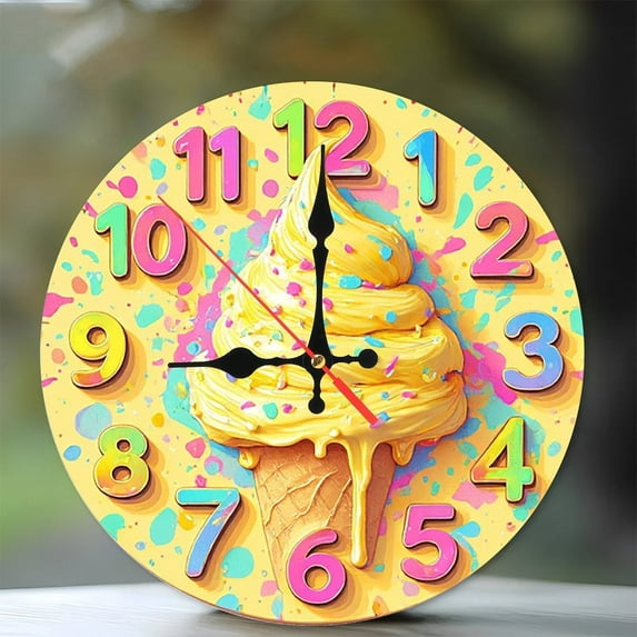 Ice Cream Cone Wall Clock Colorful Number Design 10-Inch Silent Wooden ...