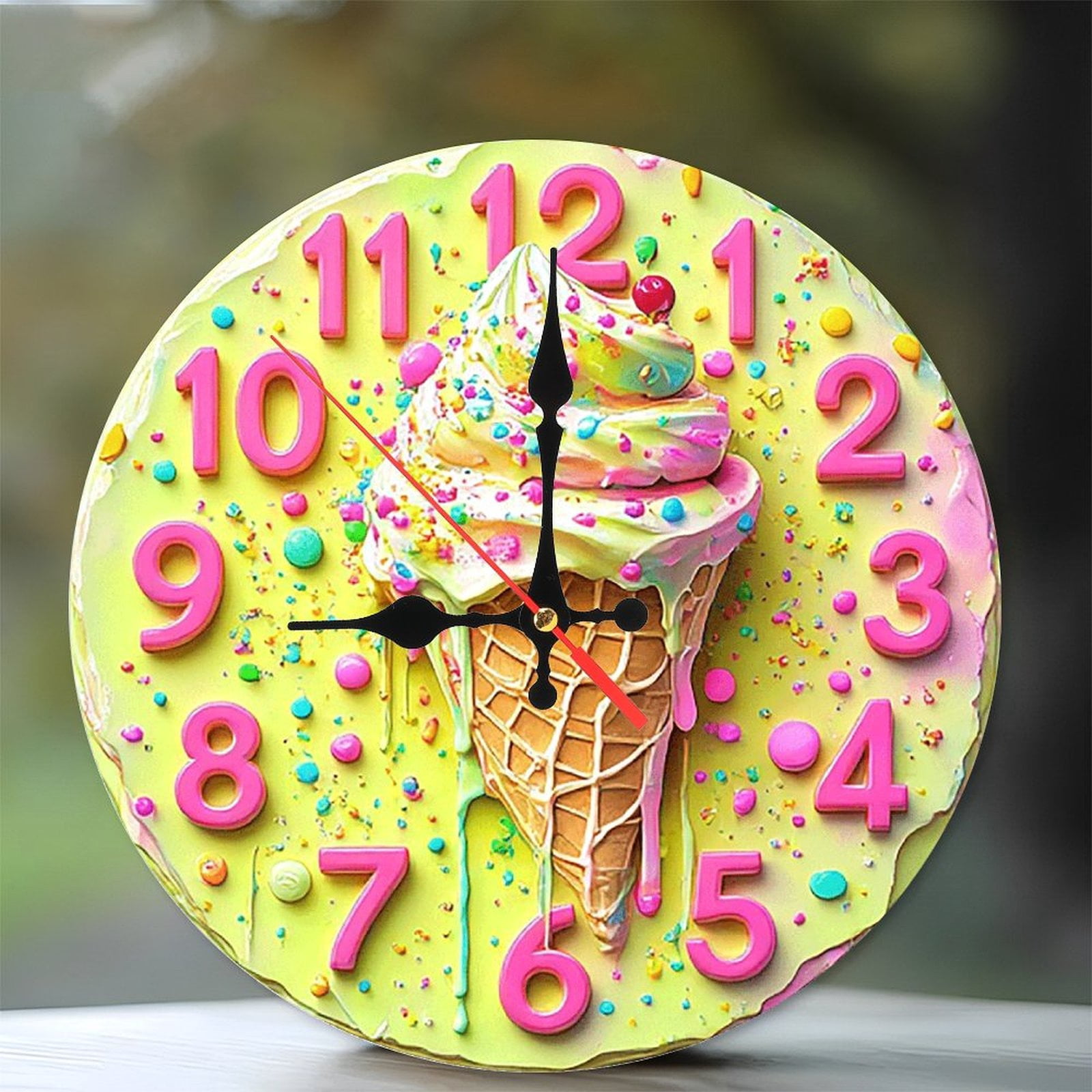 Ice Cream Cone Wall Clock Sweet Treats Home Decor 10-Inch Silent Wooden ...