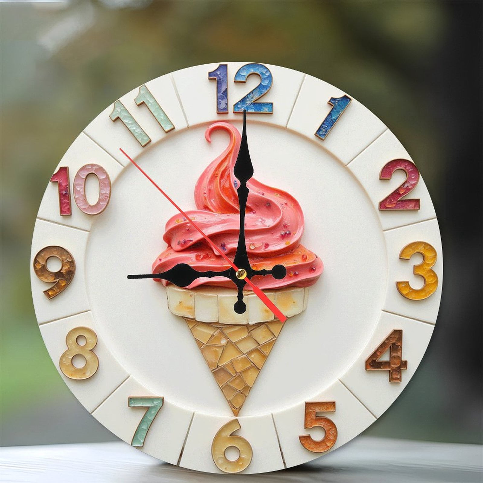 Ice Cream Cone Wall Clock with Colorful Numbers 10-Inch Silent Wooden ...