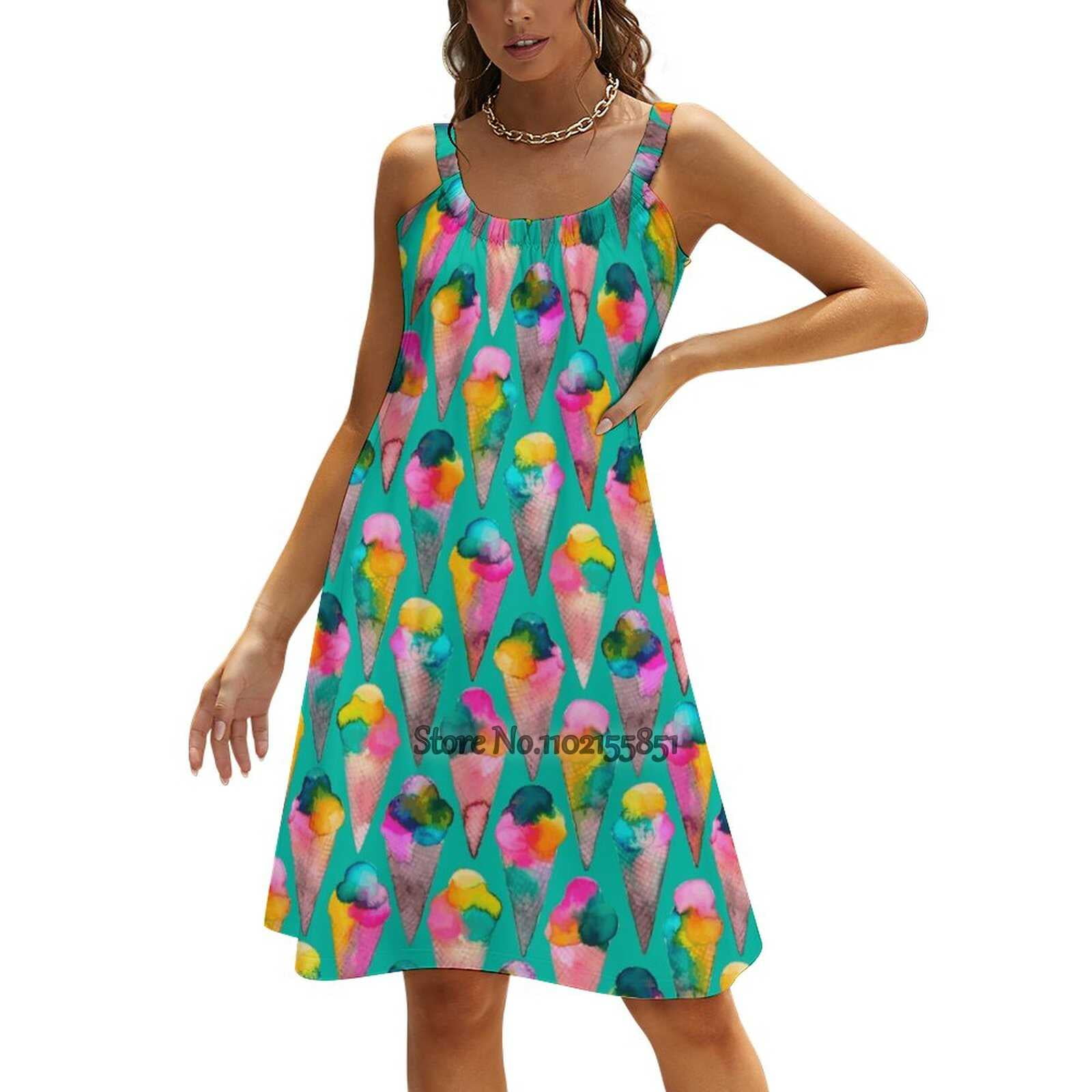 Ice Cream Cs Square Neck Dress Summer Dress Women Elegant Halter Print ...