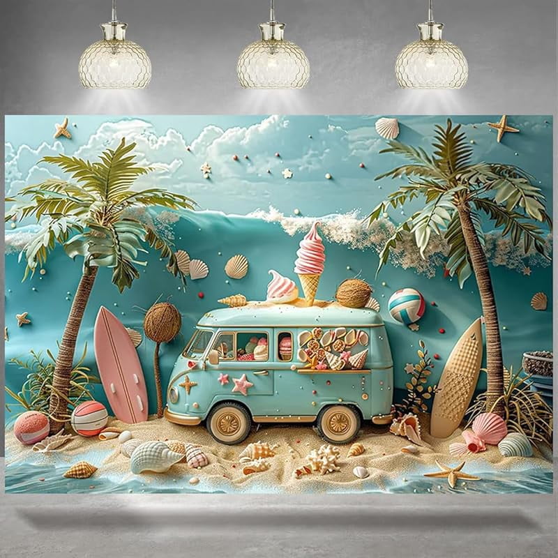 Ice Cream Dessert Truck Backdrop Summer Beach Themed Party Decorations ...