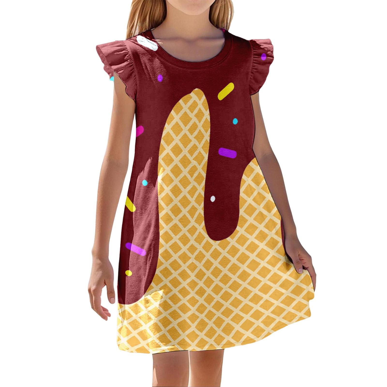Ice Cream Drip Dress For Girls Sleeveless Sundress Wine 8-9 Years ...