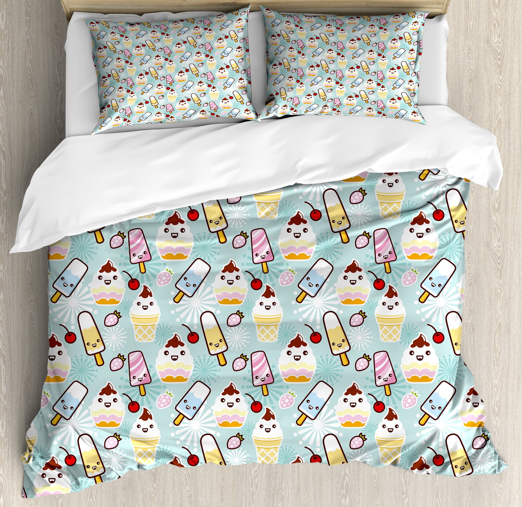 Ice Cream Duvet Cover Set, Cupcakes with Face and Cone Bars Creative ...